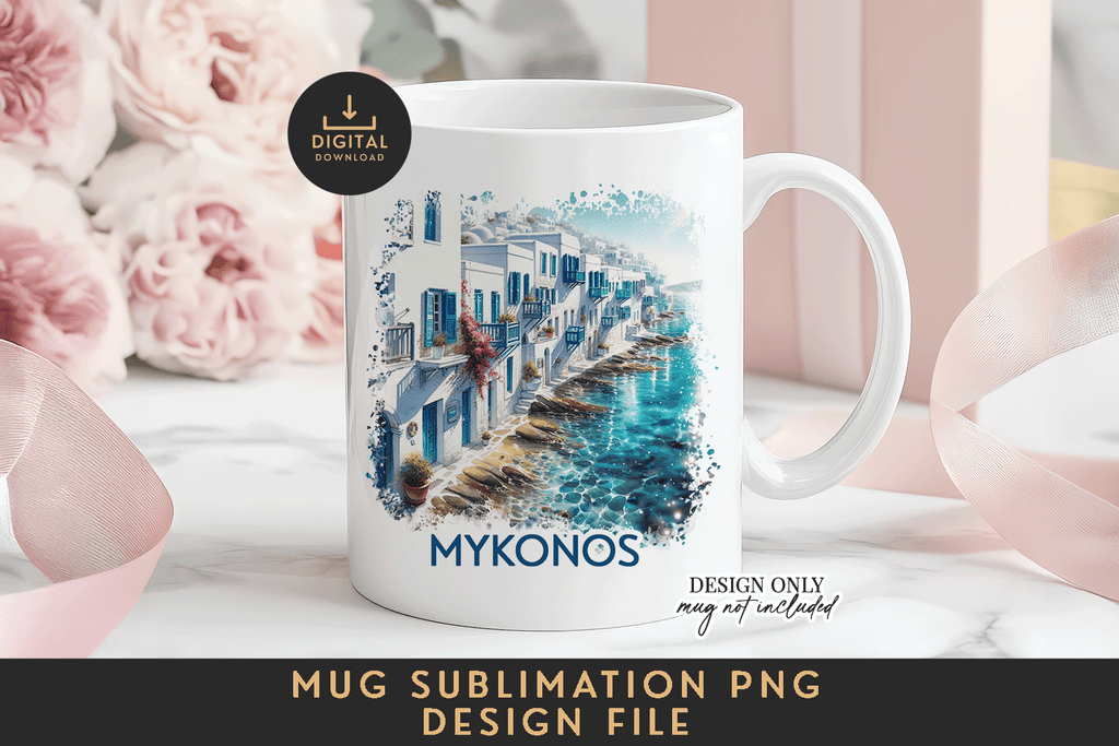 Mykonos Mug Sublimation PNG Greek Island Full Wrap - So Fontsy