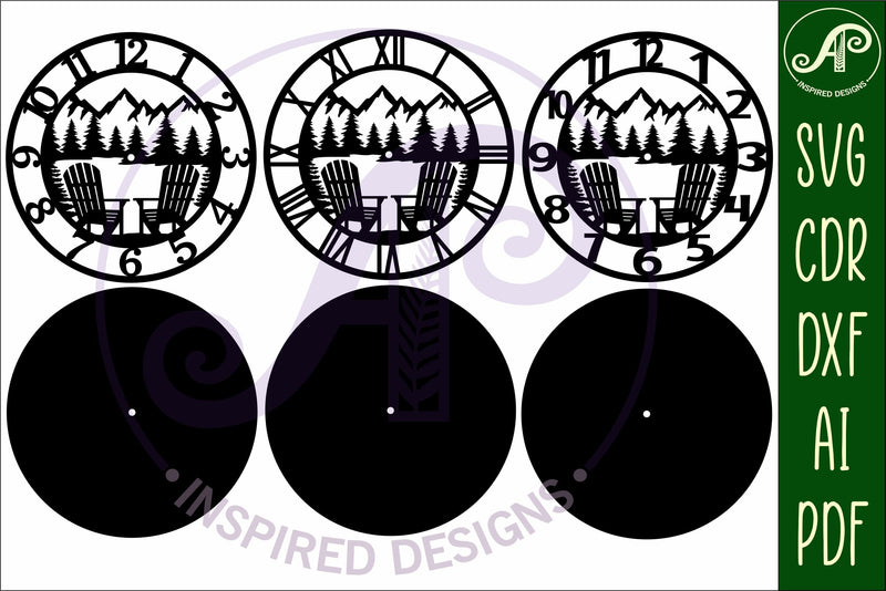 Adirondack chair mountains wall clock laser cut files - So Fontsy