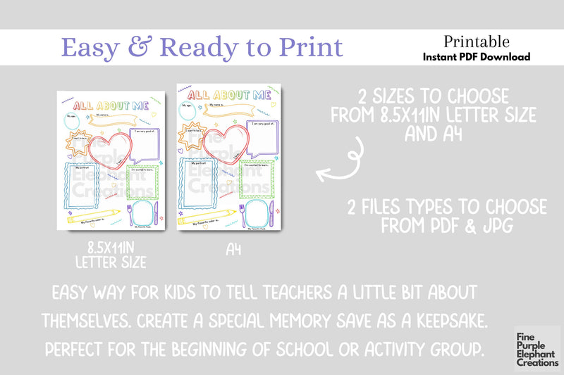 All About Me Printable Digital Worksheet - Back to School - So Fontsy