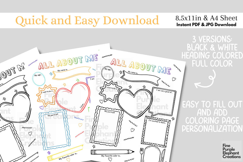 All About Me Printable Digital Worksheet - Back to School - So Fontsy