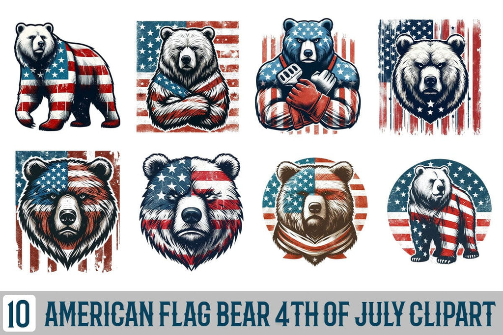 American Flag Bear 4th Of July Clipart Bundle Printable File - So Fontsy
