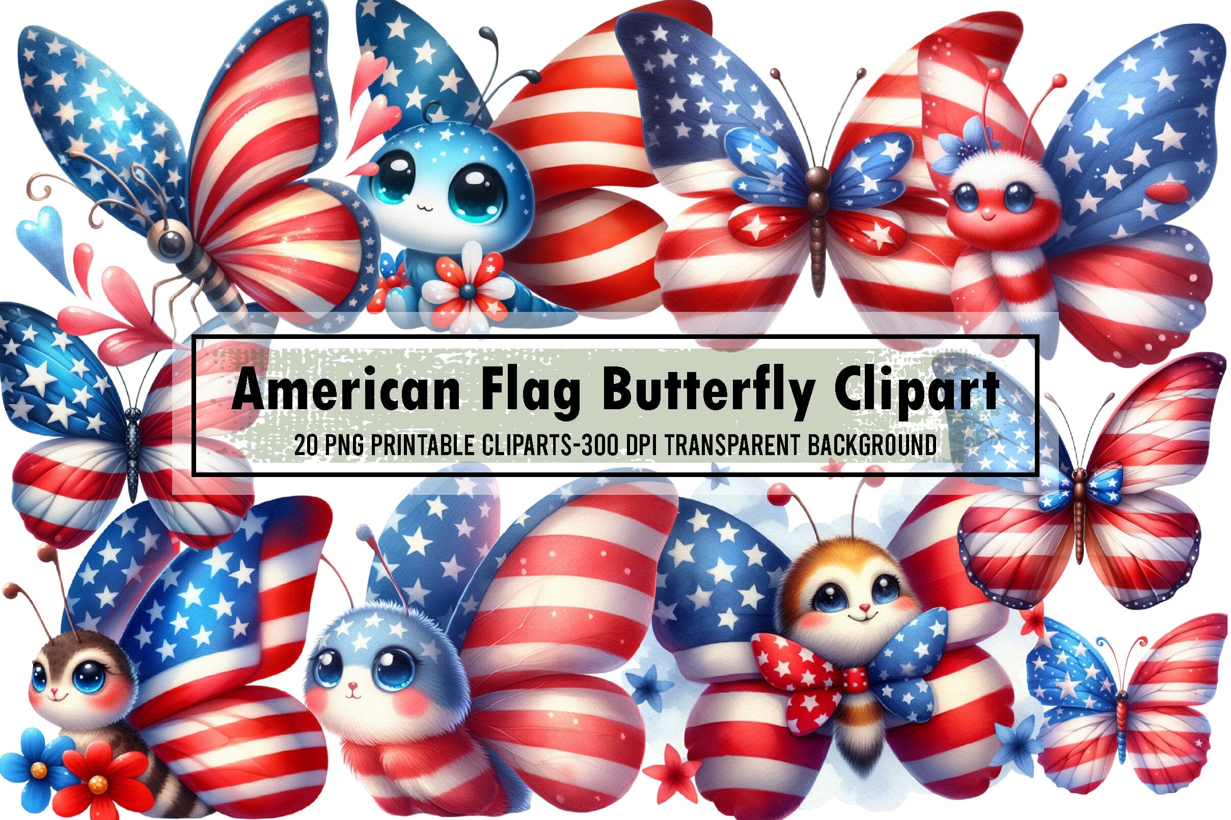 American Flag Butterfly Clipart Bundle - So Fontsy