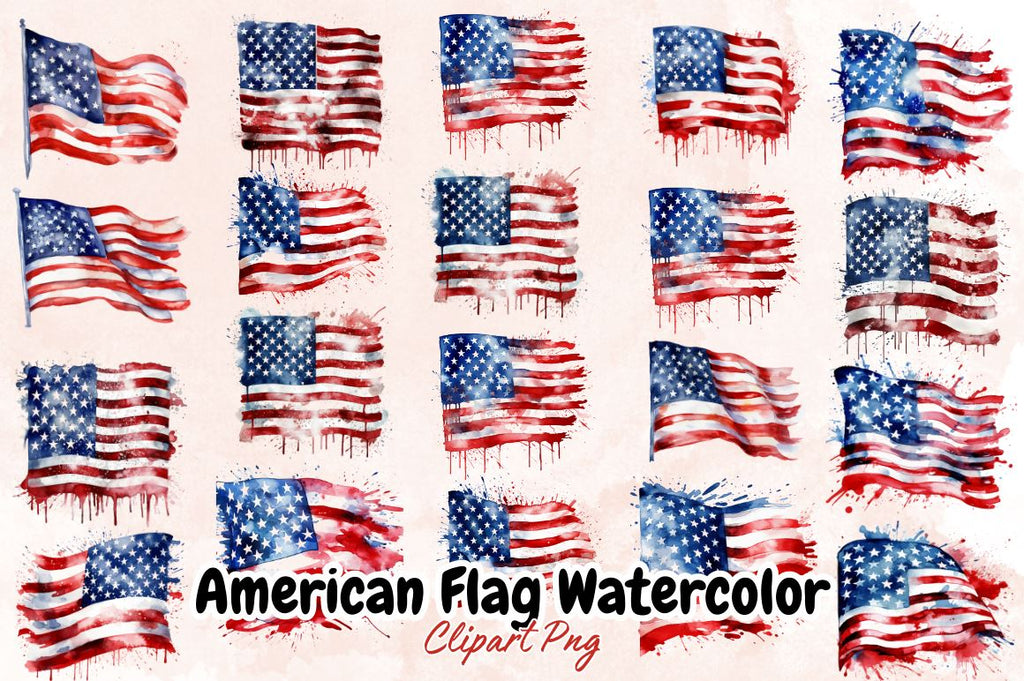 American Flag Watercolor Clipart Bundle - So Fontsy