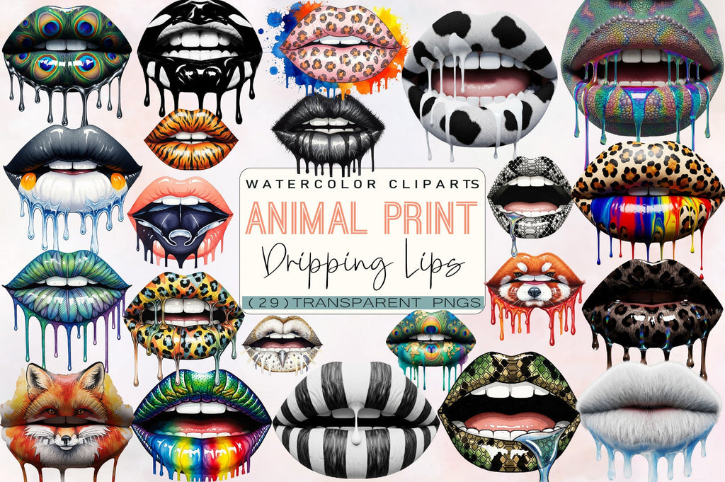 Animal Print Dripping Lips Clipart Bundle. - So Fontsy
