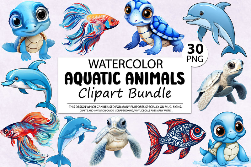 Aquatic Animals Watercolor Clipart Bundle - So Fontsy