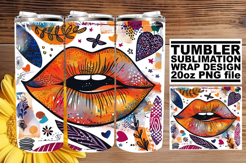 Artistic 20oz Tumbler Wrap – Colorful Lips Sublimation Design - So Fontsy