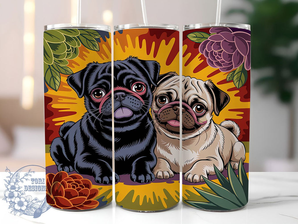 Artistic Twin Pugs Tumbler, Black And Brown Pug Wrap, Museum Style Dog ...