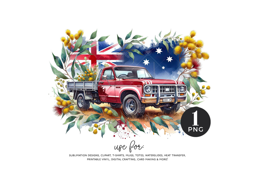 Australian Ute Sublimation PNG – Red Pickup with Aussie Flag - So Fontsy