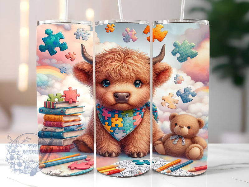 Autism Highland Cow 20oz Skinny Tumbler, Autism Awareness Tumbler Png ...
