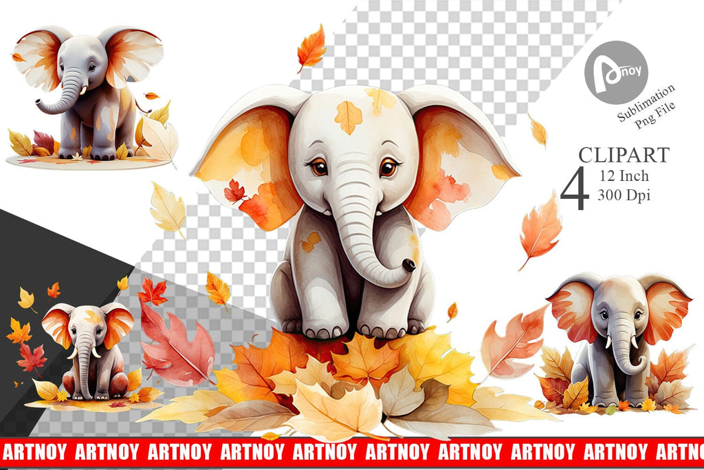 Autumn Elephant Watercolor Clipart - So Fontsy