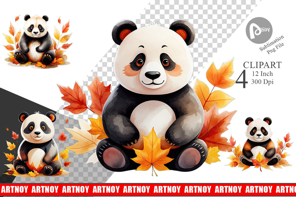 Autumn Panda Watercolor Clipart - So Fontsy
