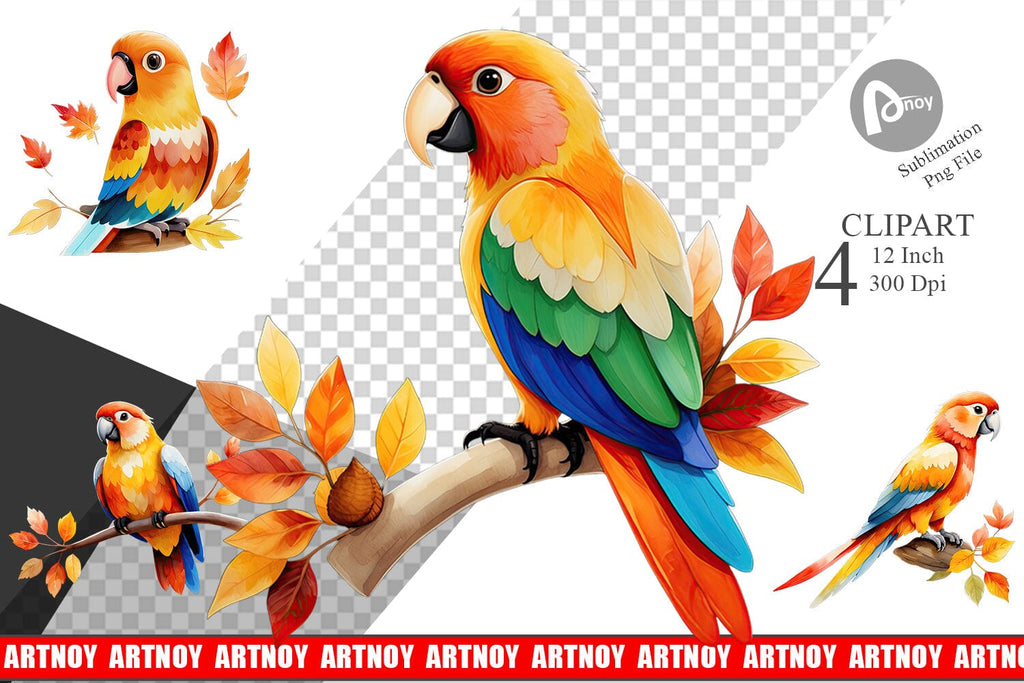 Autumn Parrot Watercolor Clipart - So Fontsy