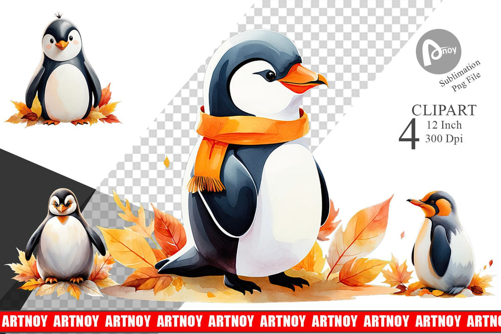 Autumn Penguin Watercolor Clipart - So Fontsy
