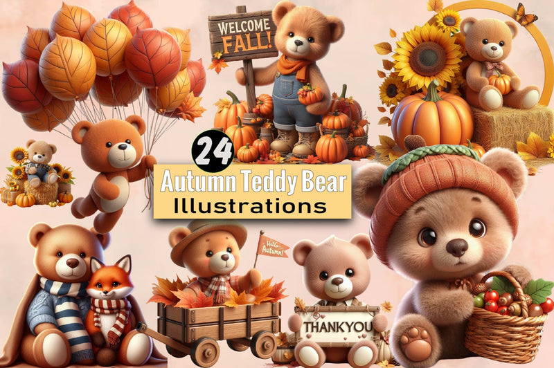 Autumn Teddy Bear Sublimation Clipart Bundle - So Fontsy