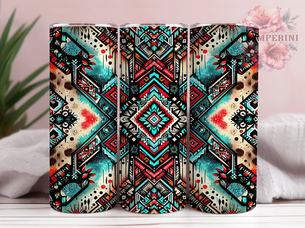 Aztec Cowhide Turquoise Western Tumbler Wrap, Boho Cow Print ...