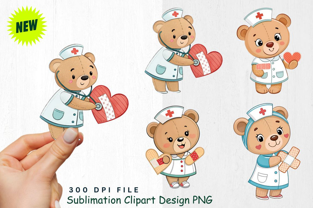 Baby Bear Nurse with Heart Shaped Band Aids Clipart - So Fontsy