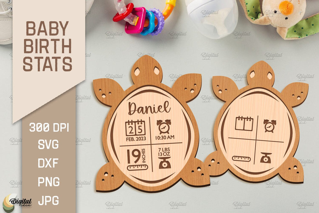 Baby Birth Stats Laser Cut. 3D Birth Announcement. Turtle SVG - So Fontsy