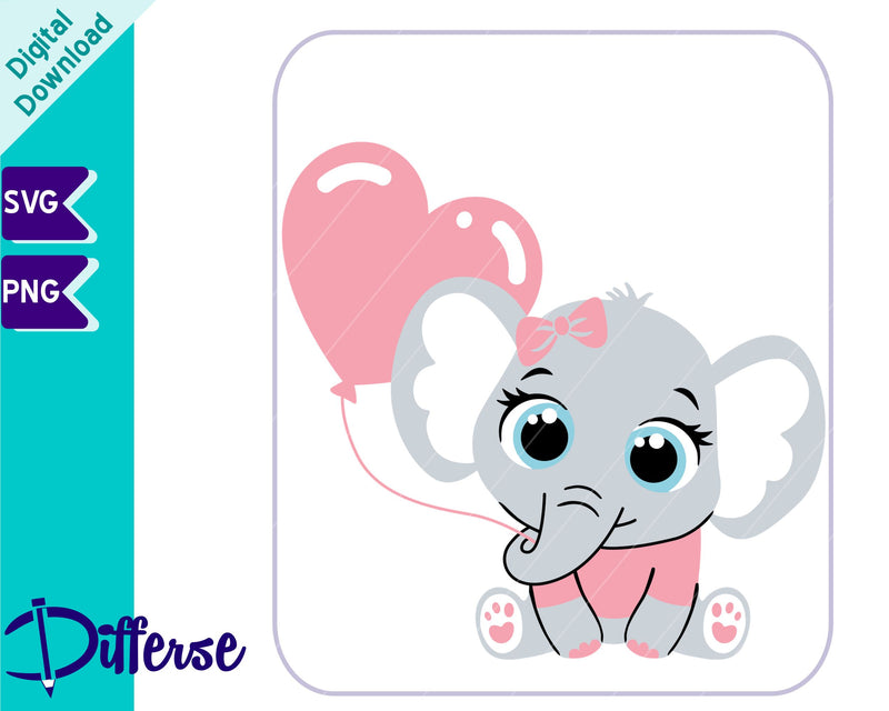 Baby Elephant With Balloon SVG | Girl Elephant - So Fontsy