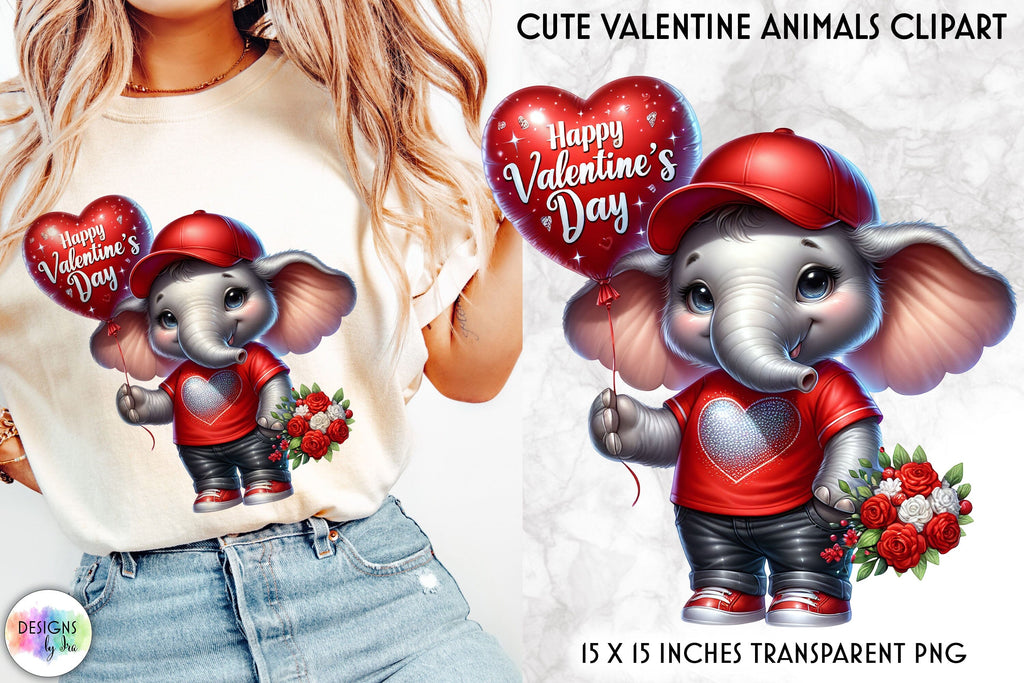 Baby Elephant with Red Balloon and Roses, Valentines Day Clipart - So ...