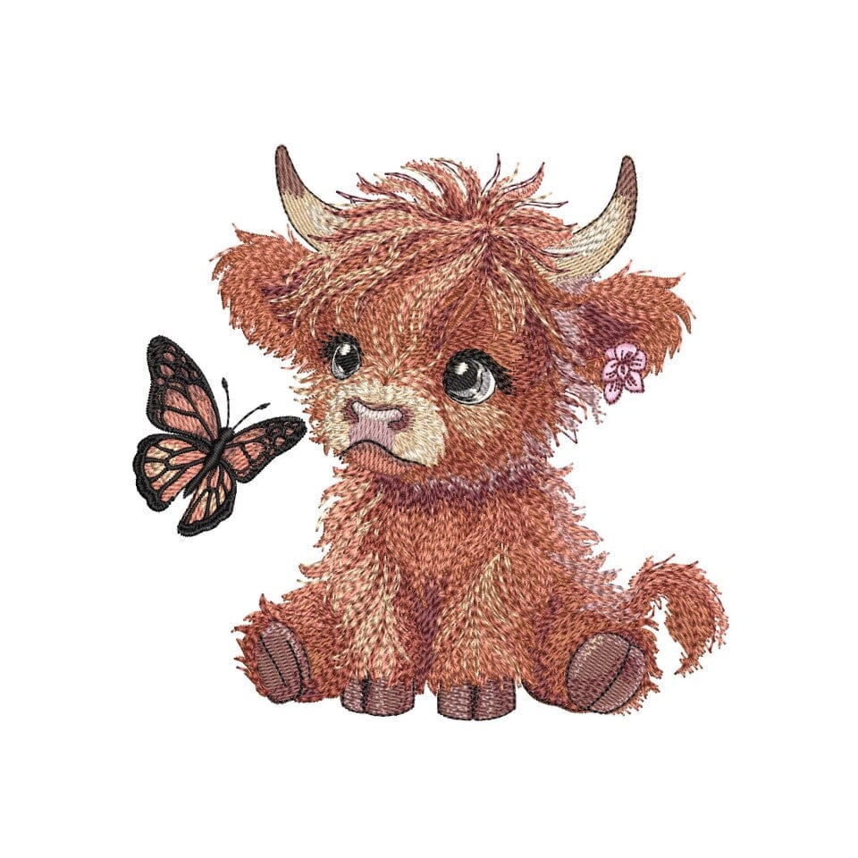 Baby Highland Cow and Butterfly Embroidery Design, Farm Animal ...