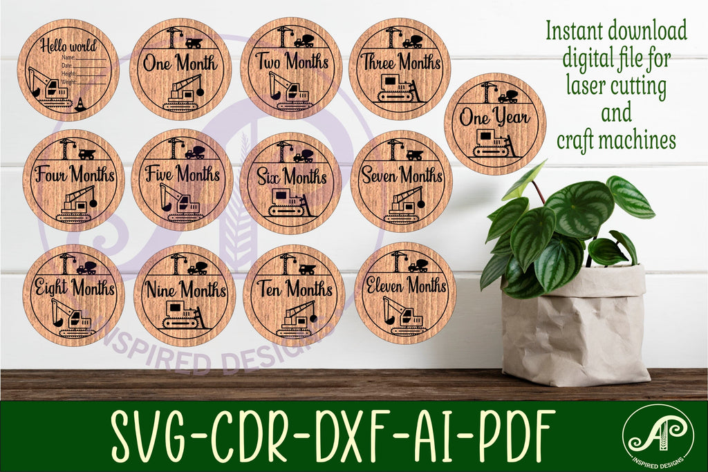 Baby monthly milestone discs SVG construction digger theme - So Fontsy