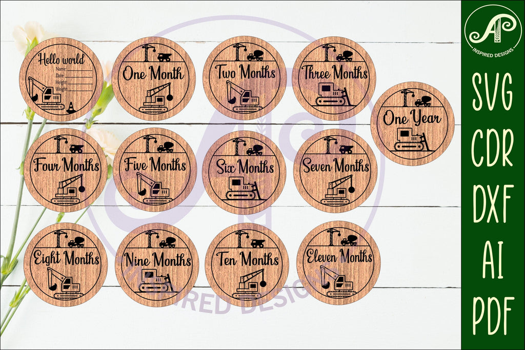 Baby monthly milestone discs SVG construction digger theme - So Fontsy