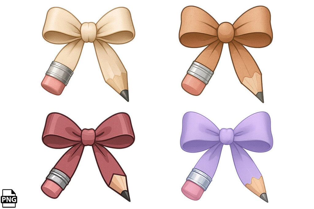 Back To School Teacher Pencil Bow PNG Bundle Printable File - So Fontsy