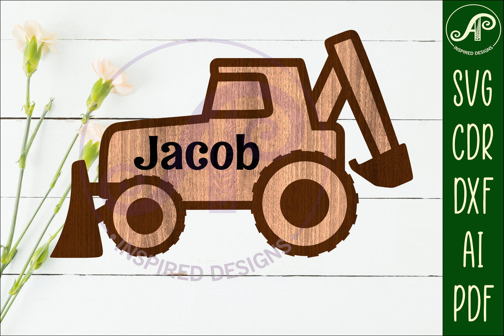 backhoe construction vehicle outline two layer name sign - So Fontsy