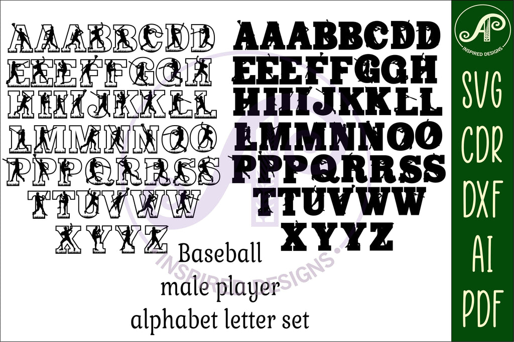 Baseball male player silhouette letters alphabet set x 50 - So Fontsy