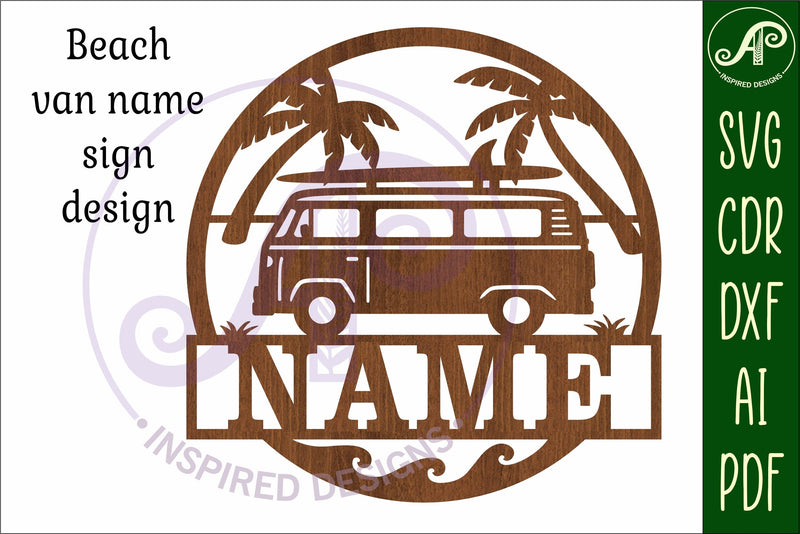 Beach camper van themed name sign svg laser - So Fontsy