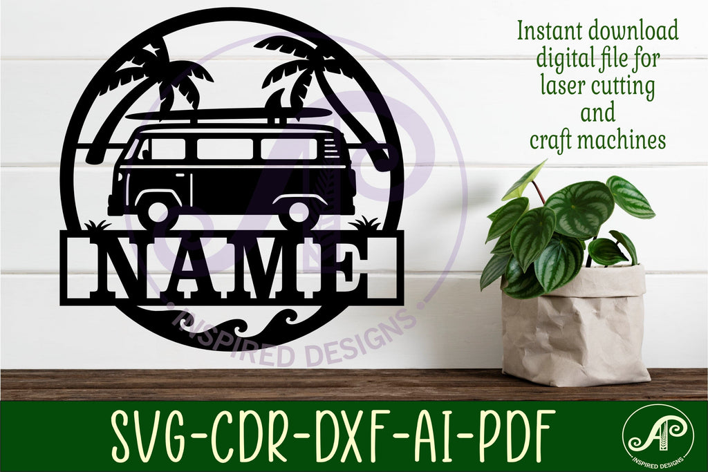 Beach camper van themed name sign svg laser - So Fontsy