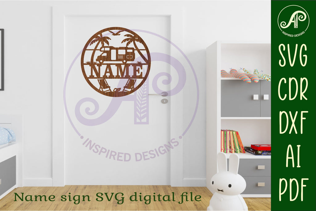 Beach Caravan/ campervan name sign svg laser cut template - So Fontsy