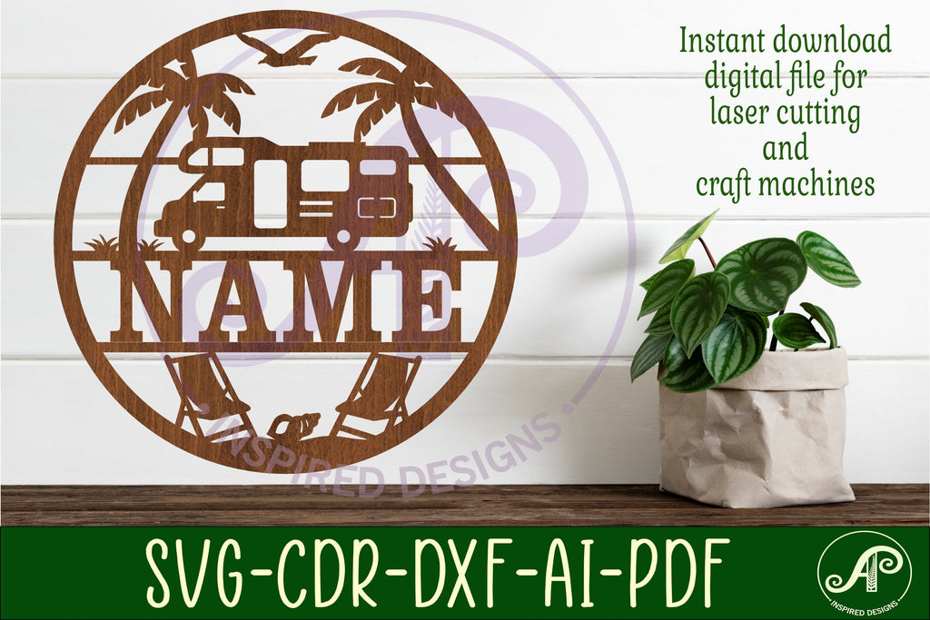 Beach Caravan/ campervan name sign svg laser cut template - So Fontsy