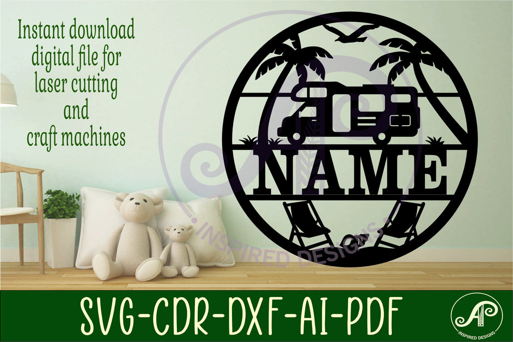 Beach Caravan/ campervan name sign svg laser cut template - So Fontsy