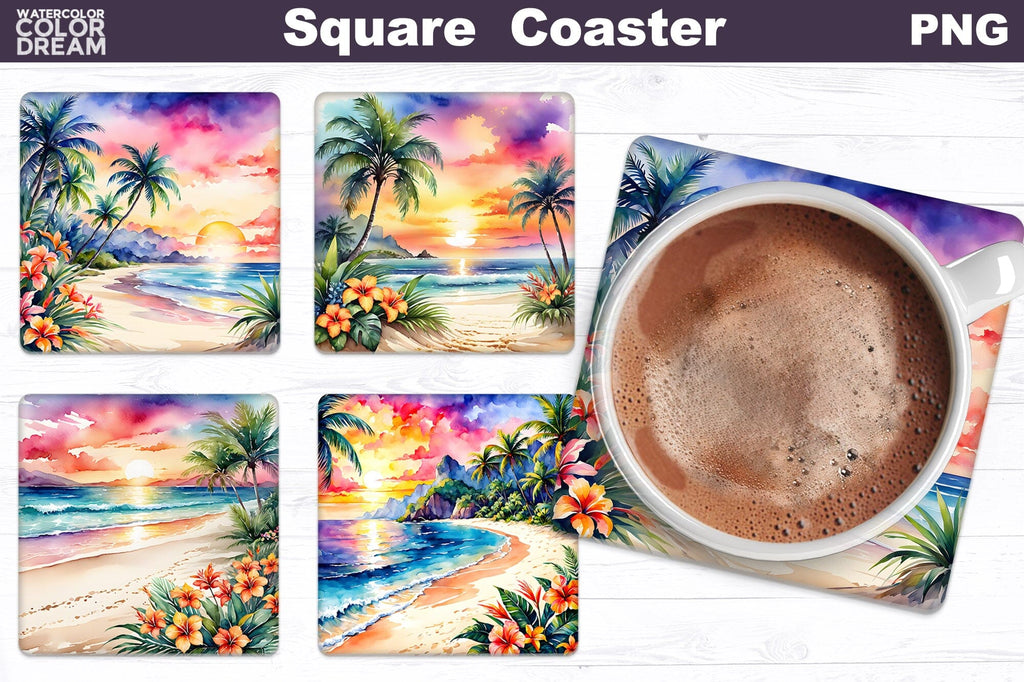 Beach Sunset Square Coaster | Summer Beach Square Coaster - So Fontsy
