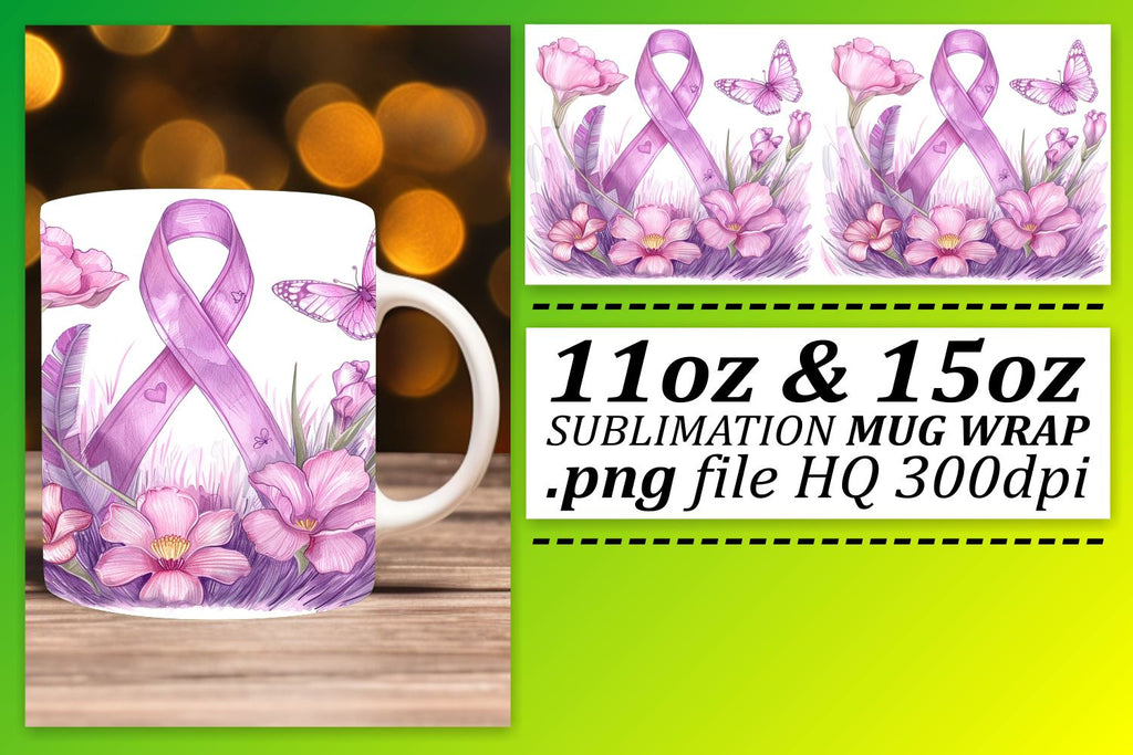 Beautiful Pink Ribbon Mug Design – 11oz & 15oz Sublimation Wrap - So Fontsy