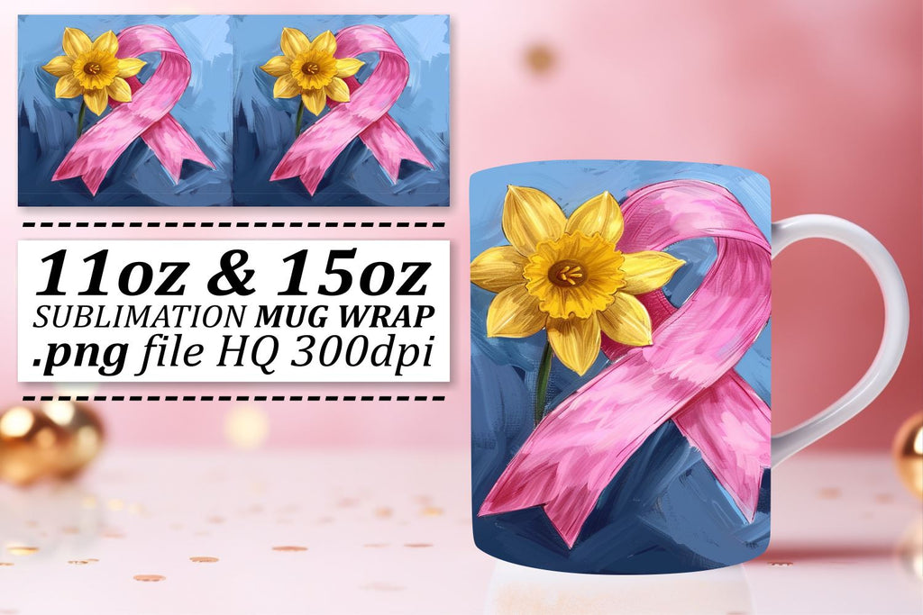Beautiful Pink Ribbon Mug Wrap – 11oz & 15oz Sublimation Design - So Fontsy