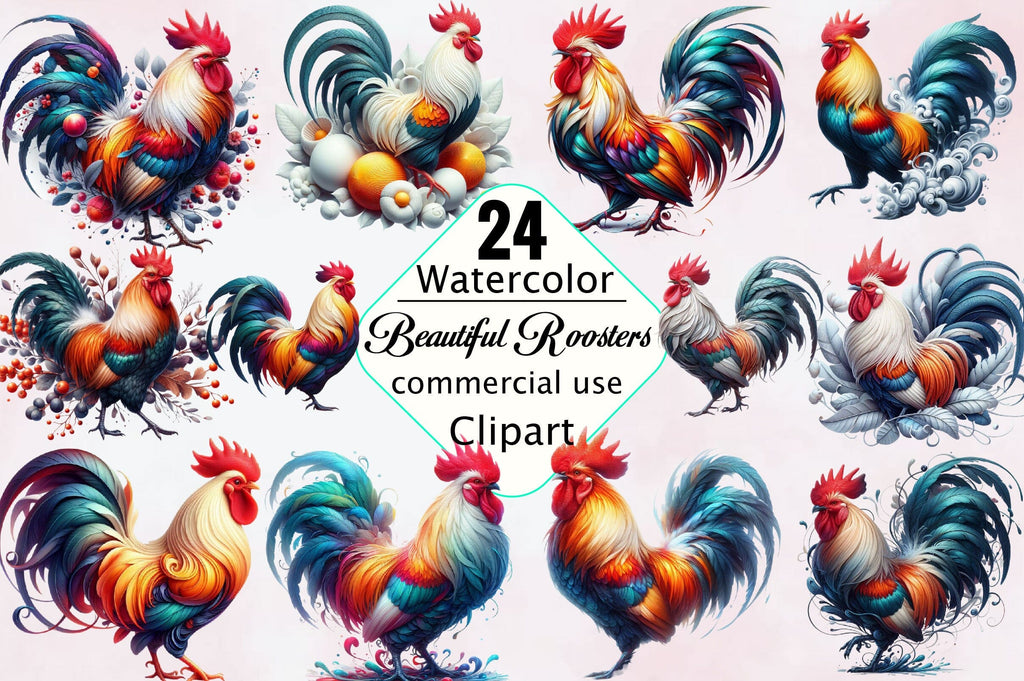 Beautiful Roosters Watercolor Clipart Bundle - So Fontsy