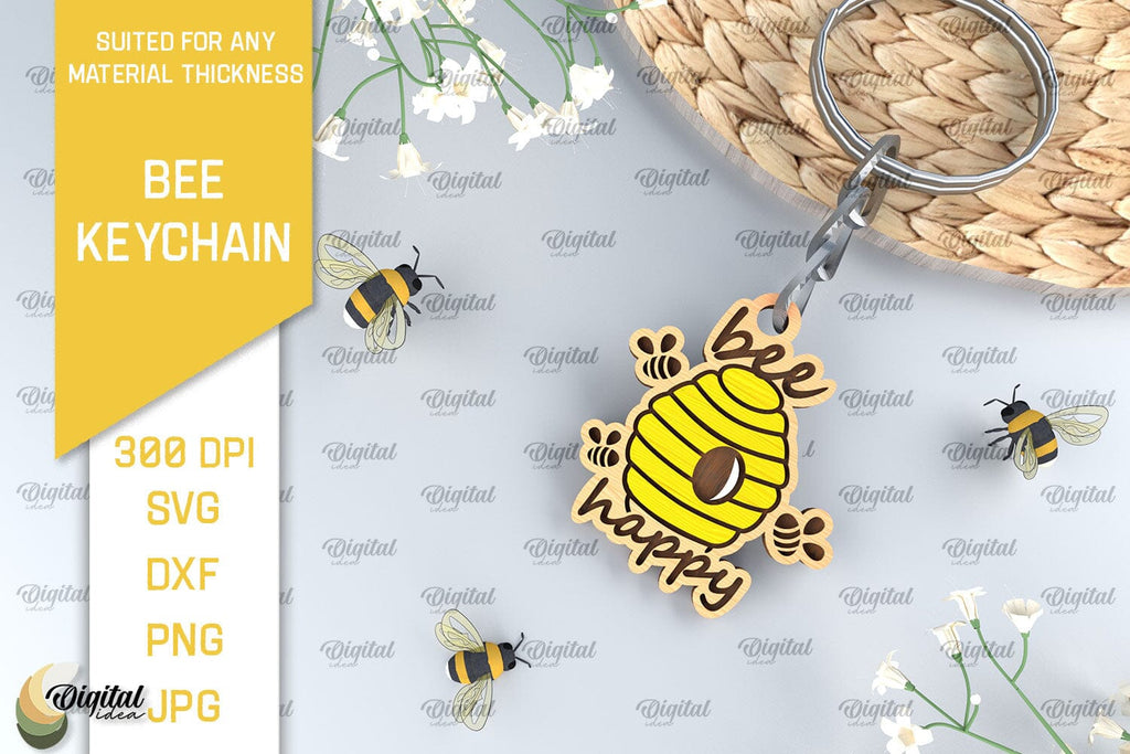 Bee Keychain Laser Cut. Wooden Bee Key Ring SVG - So Fontsy