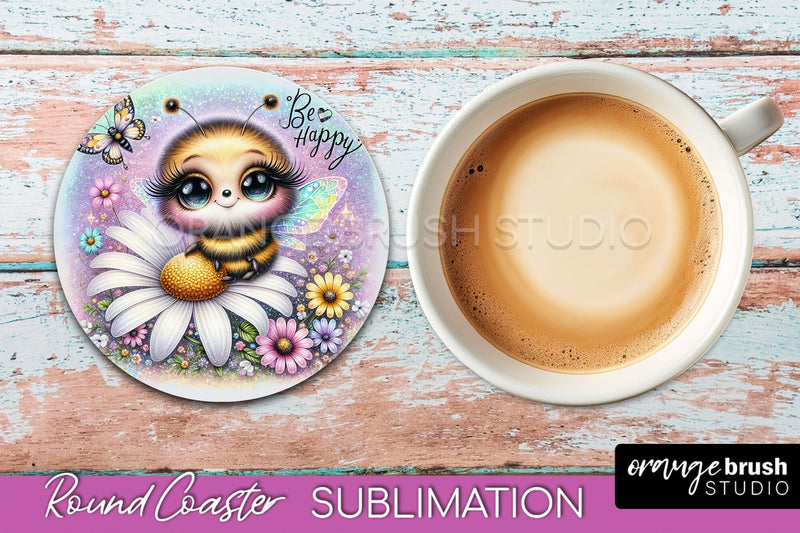 Bee Round Coaster Sublimation, Cute Bee Car Coaster Design - So Fontsy