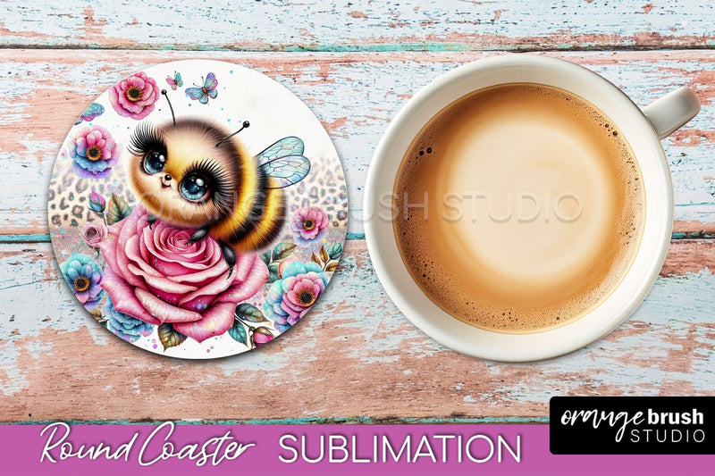 Bee Round Coaster Sublimation, Cute Bee Car Coaster Design - So Fontsy