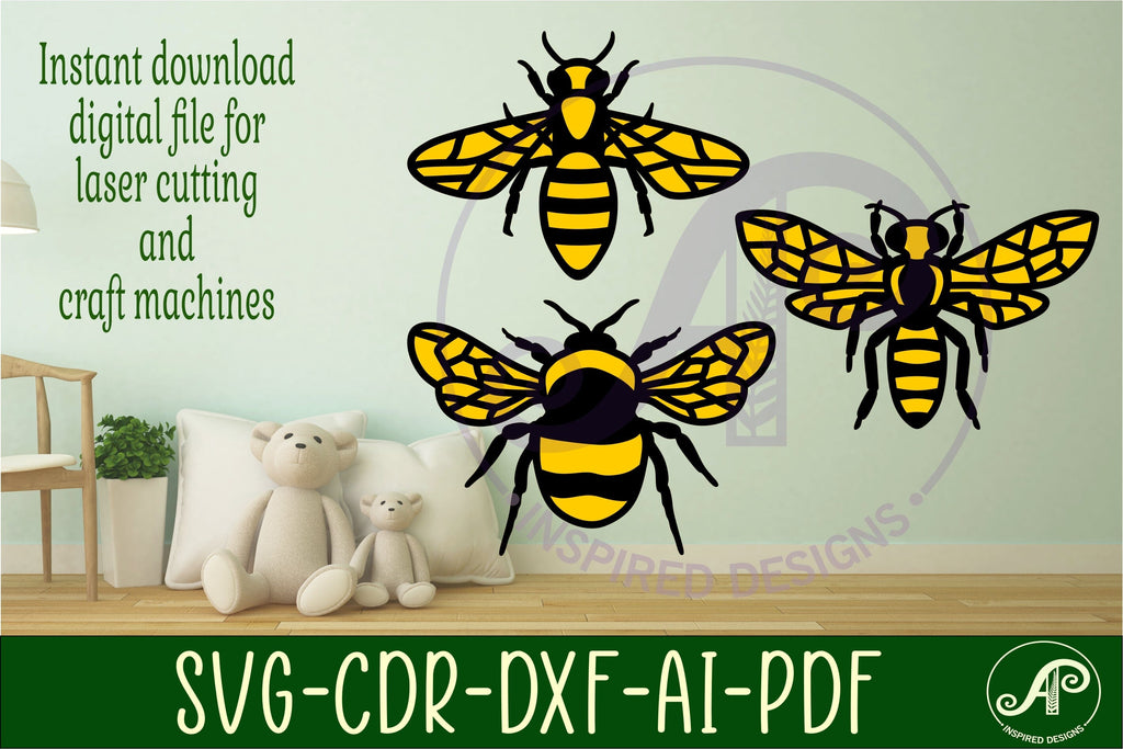 Bee two layer wall design silhouettes laser cut shapes x 3 - So Fontsy