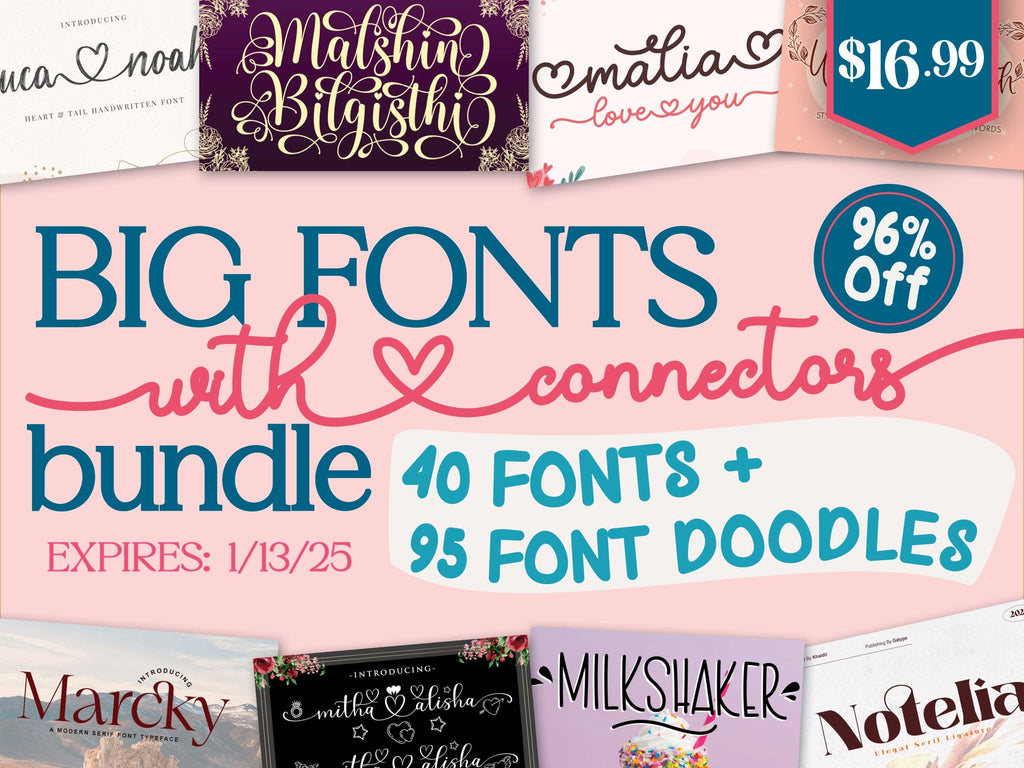 Fonts with Connectors - 40 Seamless Fonts + 95 Doodles, 96% off - So Fontsy