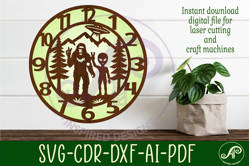 Bigfoot and Alien forest clock wall clock laser cut files - So Fontsy