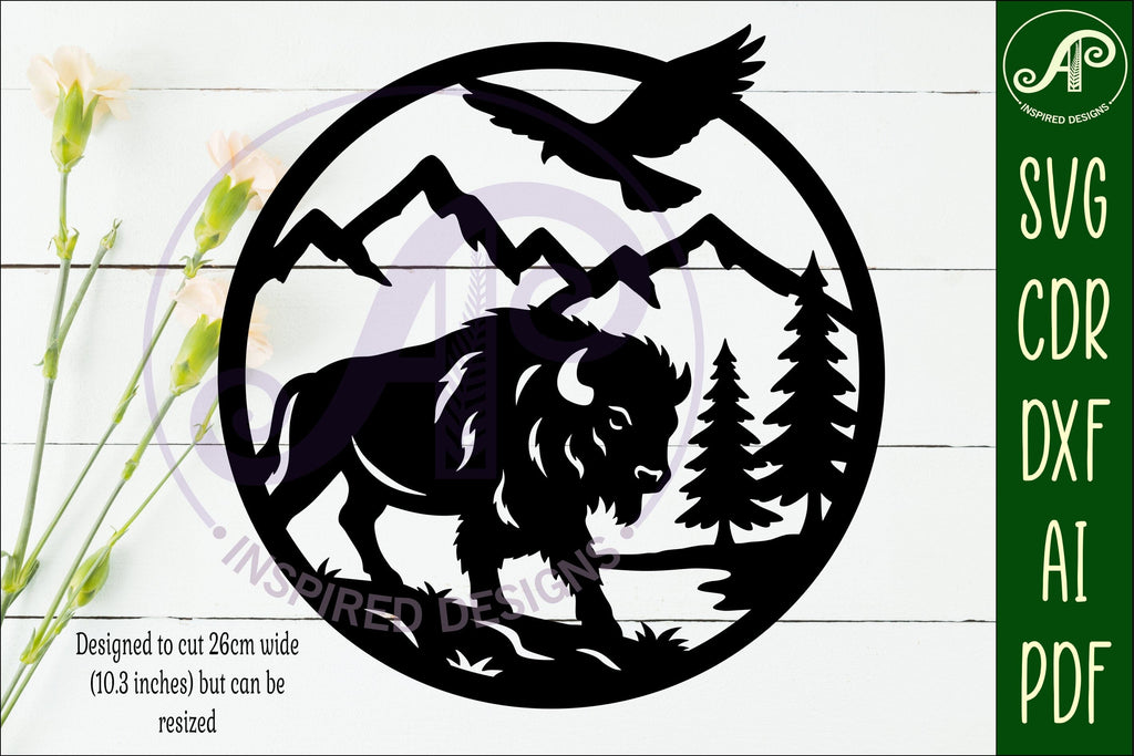 Bison mountain scene wall sign svg laser cut - So Fontsy