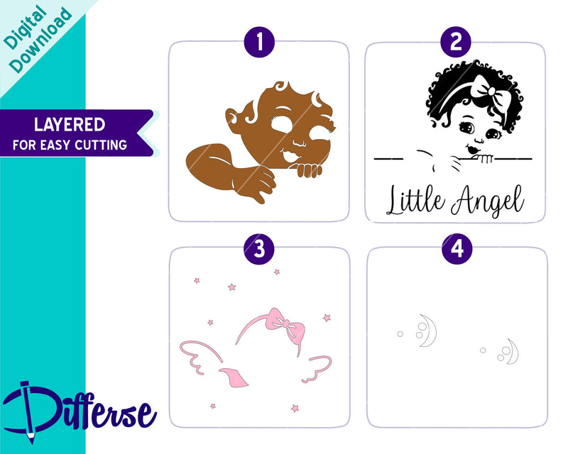 Black Baby Angel SVG | Baby Girl Angel Wings SVG - So Fontsy