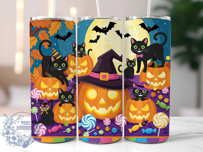Black Cat Pumpkin Halloween Tumbler, Pumpkin Candy Cup, Spooky Cat Wrap ...