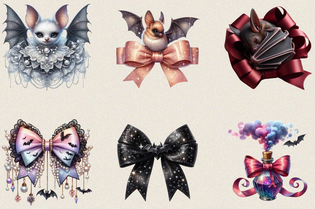 Black Coquette Bat Bow Clipart Bundle. - So Fontsy