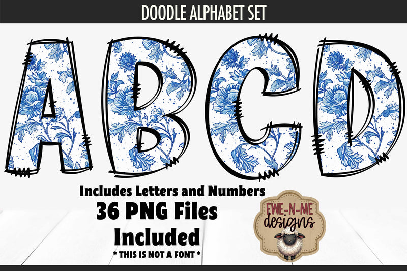 Blue Chinoiserie Doodle Alphabet Numbers | Toile Letters PNG Files - So ...