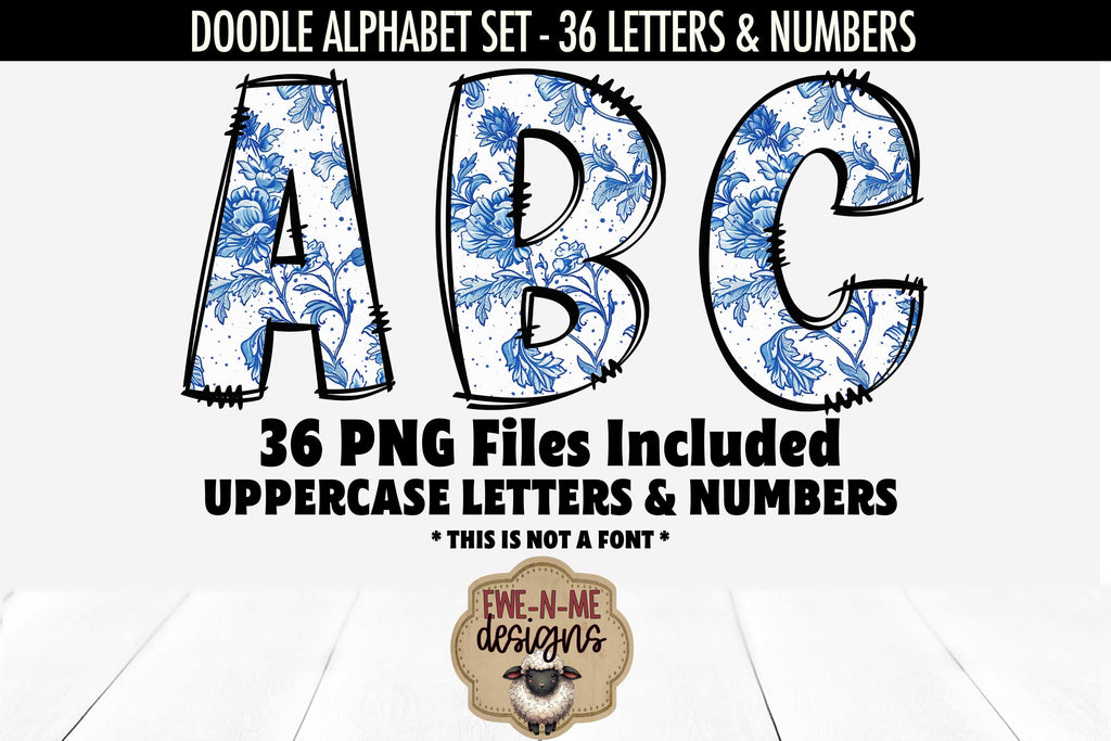 Blue Chinoiserie Doodle Alphabet Numbers | Toile Letters PNG Files - So ...